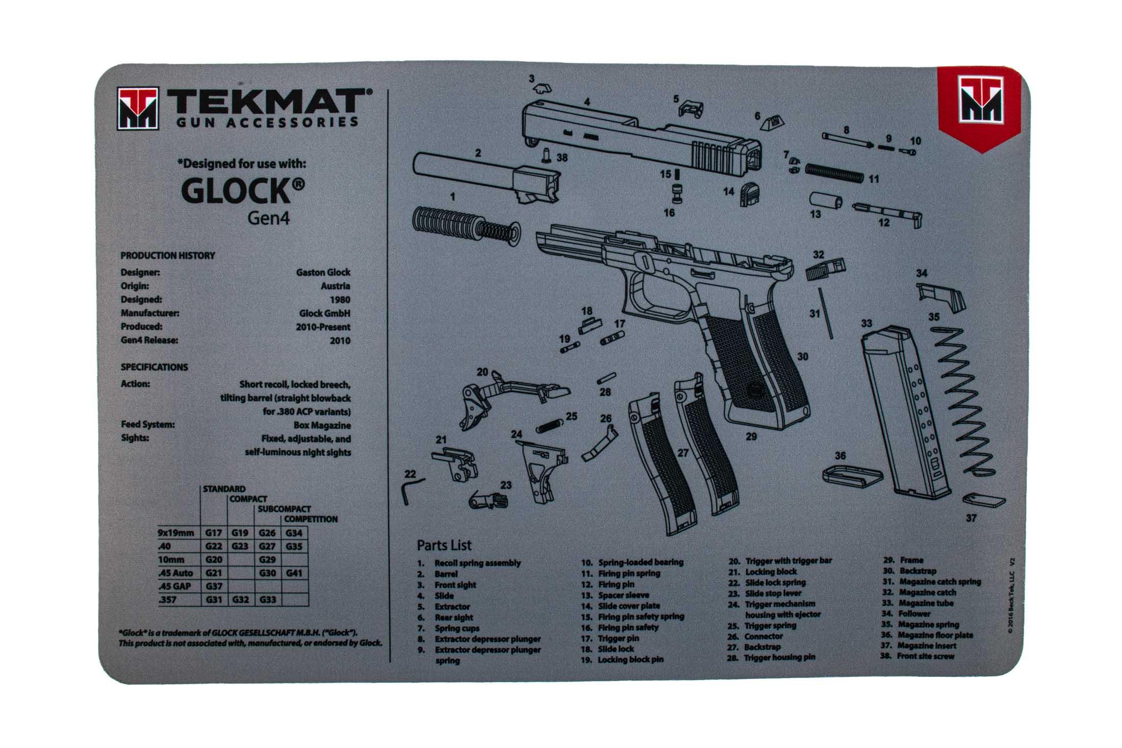 TekMat Glock Gen4 Compatible Grey Gun Cleaning Mat 17-GLOCK-G4-GY
